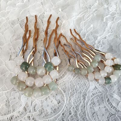 随想手作 浓浓春色 天然玉石9－10mm发梳插梳盘发梳纯铜镀金