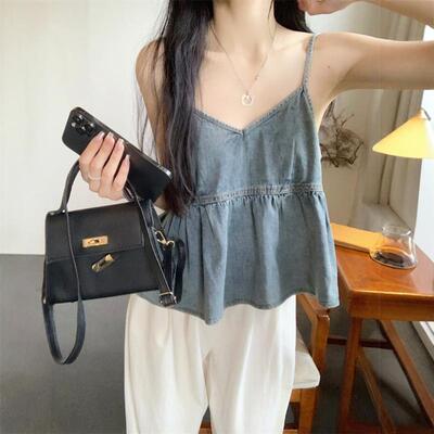 辣妹复古牛仔吊带背心女外穿夏季甜美荷叶边宽松褶皱短款无袖上衣