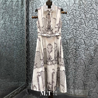 米兰小镇南油高版古典宫廷典雅印花领系带无袖收腰背心连衣裙L10