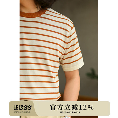 Mbbcar窄幅美式复古条纹休闲短袖