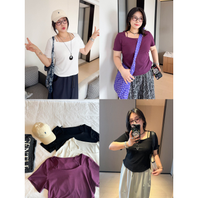 VOGANA戛纳家大码女装纯欲辣妹博主短袖显瘦收腰露肩吊带螺纹t恤