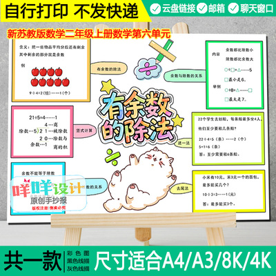 新苏教数学二上第六单元有余数的除法思维导图线描涂色手抄报模板