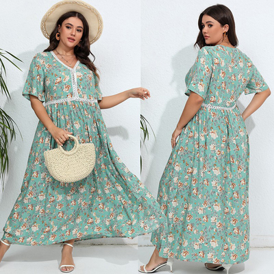 人棉蕾丝碎花大摆法式大码连衣裙