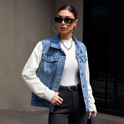 2025秋女士短款夹克拼接牛仔外套