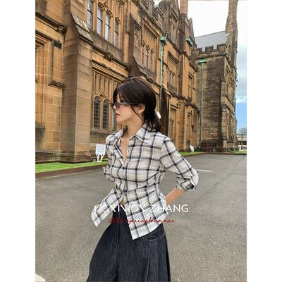 CZZHANG春短款复古格子印花衬衫