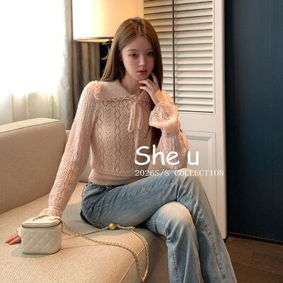 SHEU韩系少女风翻领系带针织衫
