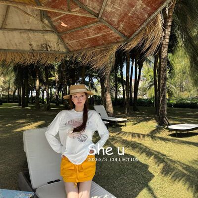 SHEU美式复古风松紧工装短裤春