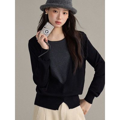 APXIVI撞色深V假两件针织衫冬款