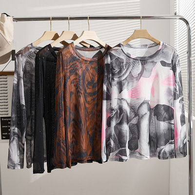 特大码特肥圆领胖MM大码女装加肥加大性感网纱长袖打底上衣S5255