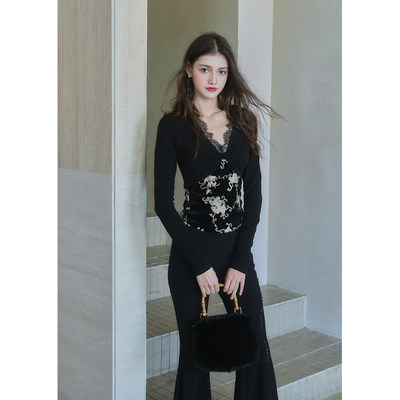 彼得潘大叔《巴赫旧约》蕾丝花边刺绣图案修身上衣显瘦喇叭长裤