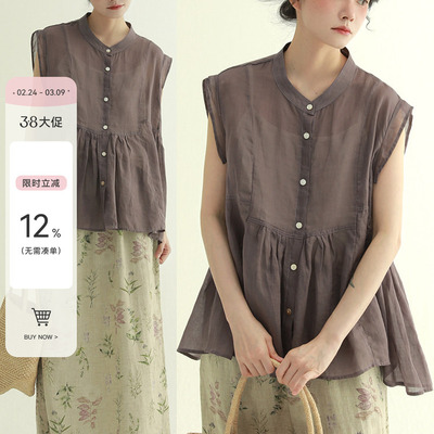 稀有RARE 背后系带飞袖苎麻背心文艺复古休闲百搭短袖衬衫上衣女