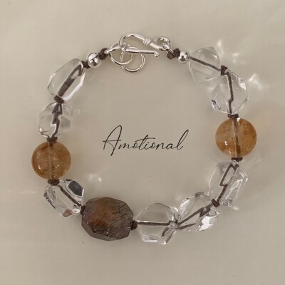 Amotional/小冰块白水晶黑金超手串手链原创手作小众棕咖色925银