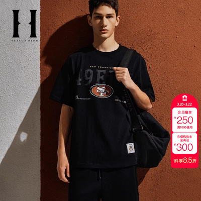 绫致夏NFL联名款旧金山49人队舒适纯棉圆领短袖T恤男装黑色