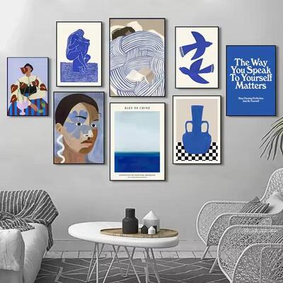 Abstract Blue Geometric Line Poster Canvas Painting Wall Art