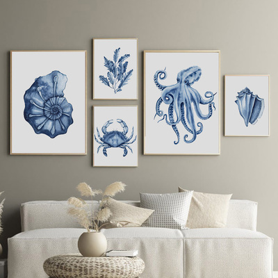 Watercolor Blue Coastal Sea Creatures Posters Octopus Conch