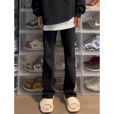 潮牌宽松潮流bootcut直筒休闲裤子美式高街弯刀黑色牛仔裤男秋季