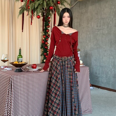 秋冬撞色拼接格纹羊毛混纺长袖连衣裙女