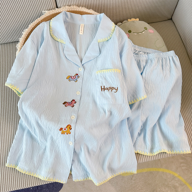 日系撞色睡衣女夏季云朵棉卡通小狗家居服短袖短裤少女套装可外穿
