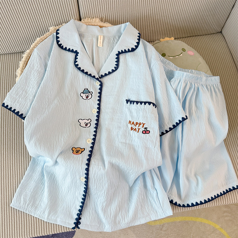 日系撞色睡衣女夏季云朵棉卡通小狗家居服短袖短裤少女套装可外穿