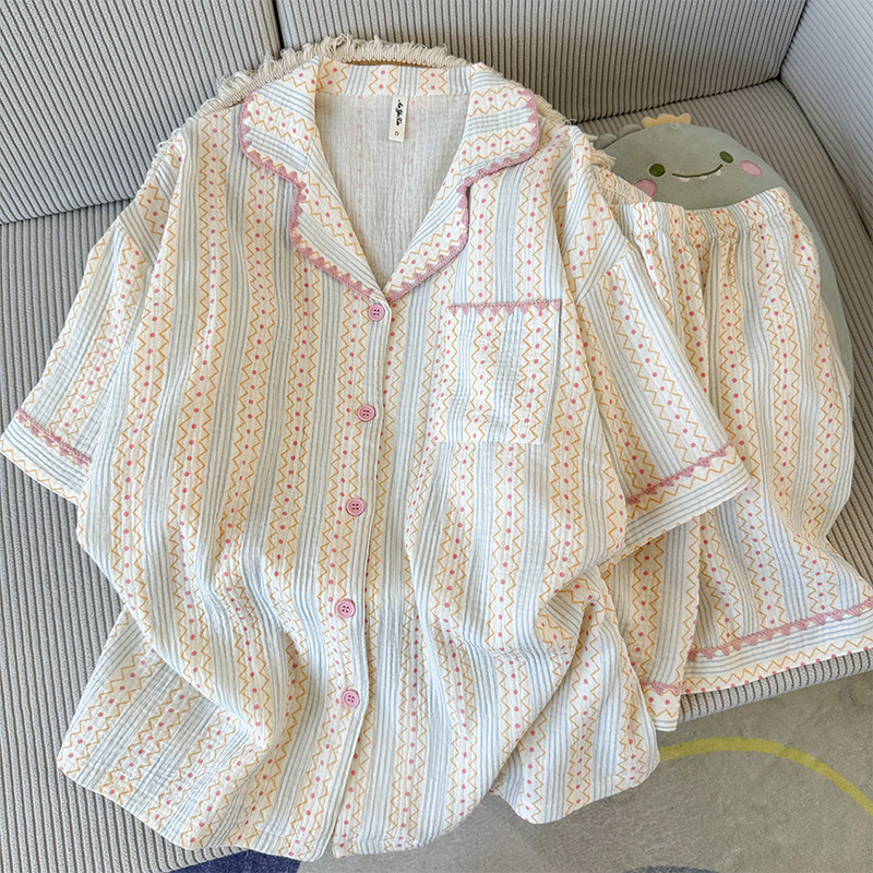 夏季天云朵棉睡衣女2026新款家居服贝壳绣花工艺翻领短袖短裤套装