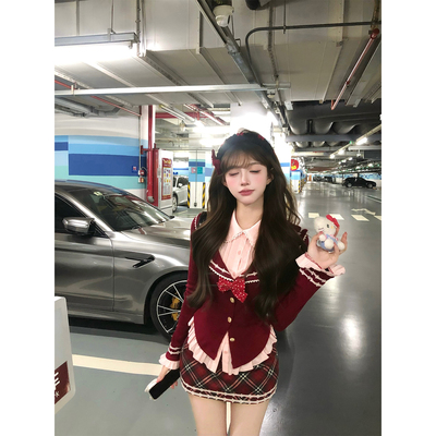 【瑞茜】草莓圣代 秋冬学院风显瘦假两件上衣半身裙R66399-1H