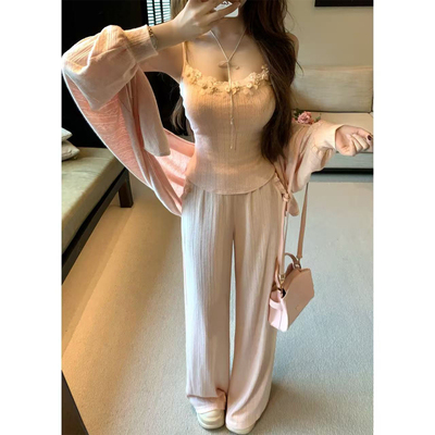 【瑞茜】韩女穿搭 秋季宽松显瘦长款休闲裤背心开衫 R2381-1L