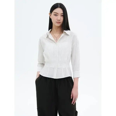 韩国代购直邮8SECONDS8秒正品2025折扣清仓条纹收腰衬衫风格上衣