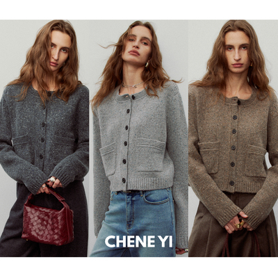 CHENE YI 粗针羊驼毛羊毛混纺点纱圆领长袖针织毛衣开衫外套女