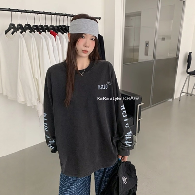 RARA STYLE2026秋冬韩版洗水做旧卡通Kitty猫印花时髦圆领长袖T恤