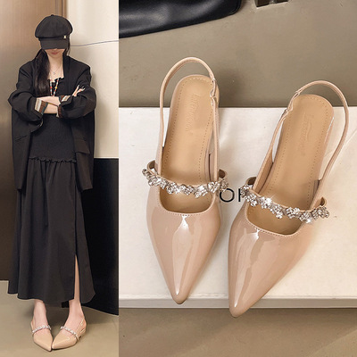 配裙子低跟尖头后空玛丽珍鞋女2026夏季新款气质平底法式浅口凉鞋