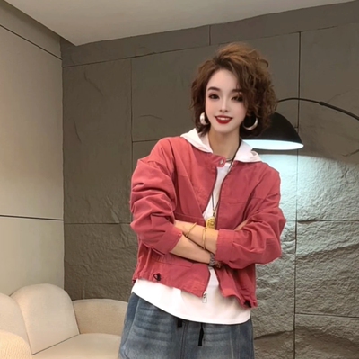 聪聪8172春季新款长袖翻口袋宽松圆领上衣外套