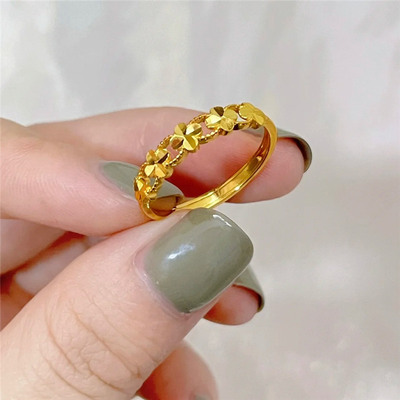 999黄金色四叶草戒指女幸运草古法素圈开口可调节指环38妇女神节