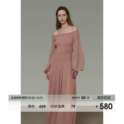 UNSPOKEN法式一字肩连衣裙独特打揽气质高级感修身小众设计感长裙