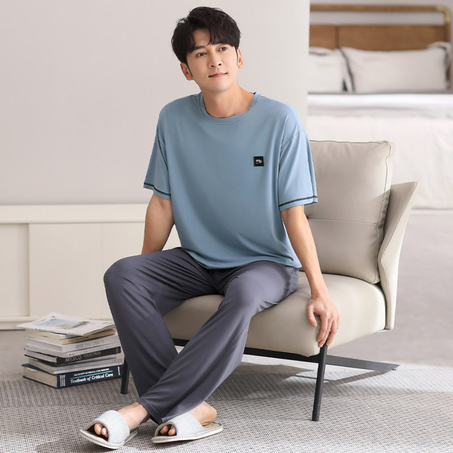 夏季莫代尔冰丝男士睡衣凉爽短袖长裤纯色简约夏天家居服套装
