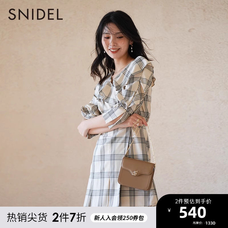 SNIDEL春夏甜酷纯色格纹荷叶边风衣式连衣裙SWFO221064_虎窝淘