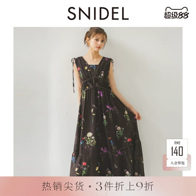 SNIDEL春夏款优雅V领无袖系带收腰印花连衣裙SWFO254120