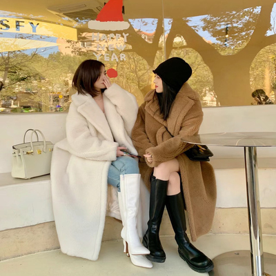 温柔慵懒风冬季大牌羊毛保暖外套女长款宽松大衣粉色