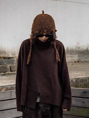 疯子张25冬款半高领复古针织套头款不规则毛衫#08581