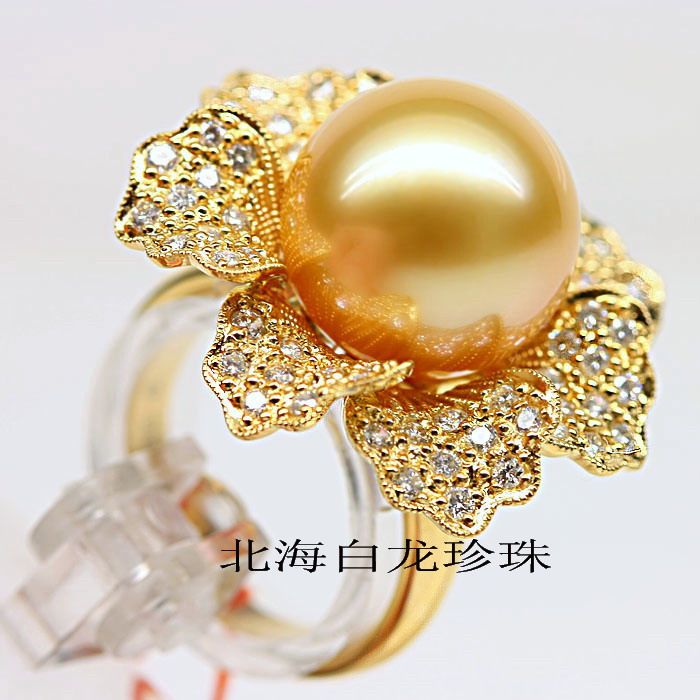 18 K钻海水南洋珍珠戒指正品正圆天然海水珍珠戒指需量手寸定制