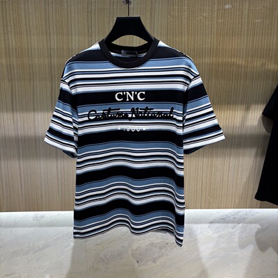CNC男装 26春夏新款logo字母刺绣卷边袖口男士条纹短袖T恤 262220