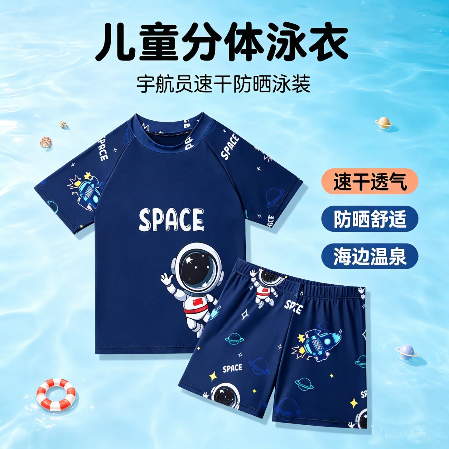 男童泳衣分体短袖短裤套装儿童宇航员防晒速干中小童海边温泉泳装