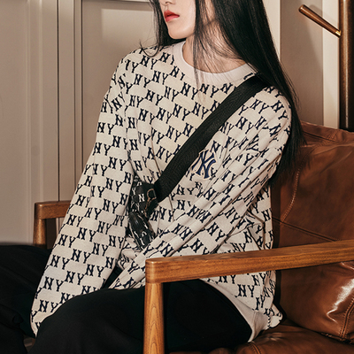 MLB情侣卫衣男女NY刺绣复古老花满标圆领休闲运动套头衫3AMTM0334