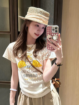 欧洲站2026夏季新款 设计师款小众做旧可爱天使宝宝印花短袖T恤女