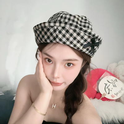 显脸小格子蝴蝶结翻边八角帽女画家帽短檐优雅渔夫帽盆帽出游甜美