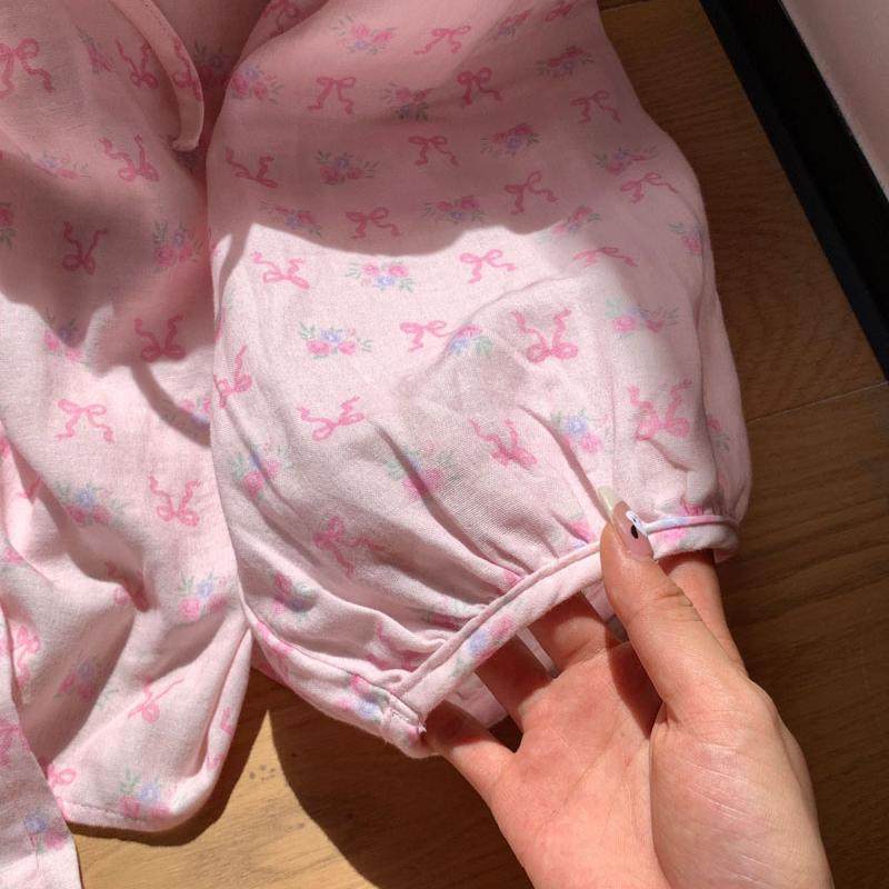 日系小猫蝴蝶结纯棉纱布双层纱春秋家居服圆领系带甜美睡衣套装