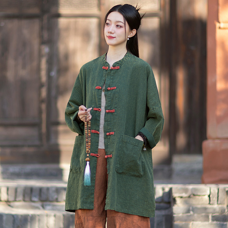 春秋中长款太极服女上衣 棉麻砂洗开衫太极拳武术服晨练服外套