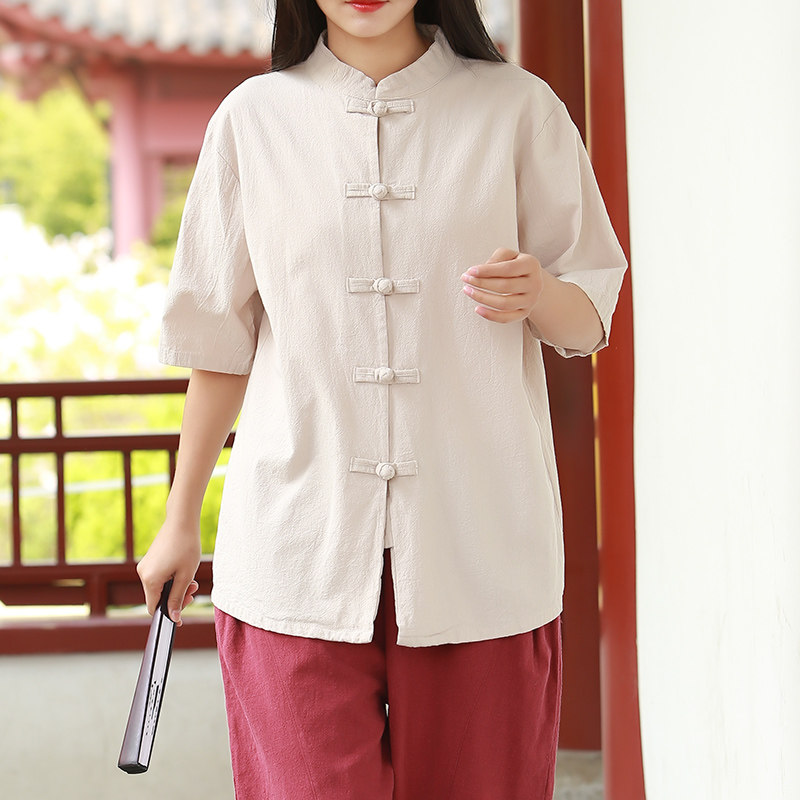 棉麻太极服女夏短袖练功服上衣 中式盘扣太极拳武术服晨练服