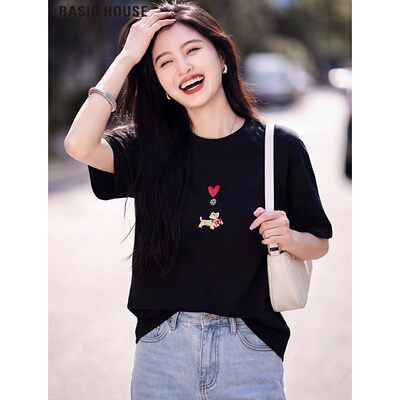 百家好黑色圆领短袖T恤女