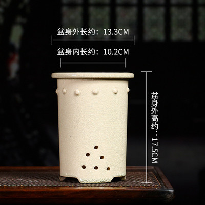 宜兴紫砂盆圆柱签筒鼓丁粗陶兰花盆釉均釉高温室内阳台透气ylh07