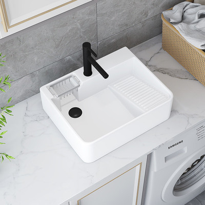 阳台陶瓷洗衣盆带搓板台上盆洗衣池槽侧排左右侧下水洗手台盆单聚